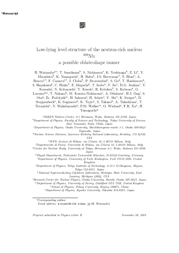 (PDF) Low-lying level structure of the neutron-rich nucleus 109Nb: A possible oblate-shape isomer