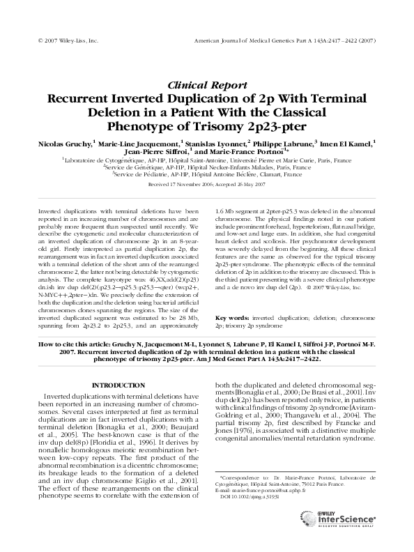 Pdf Recurrent Inverted Duplication Of 2p With Terminal Deletion In A