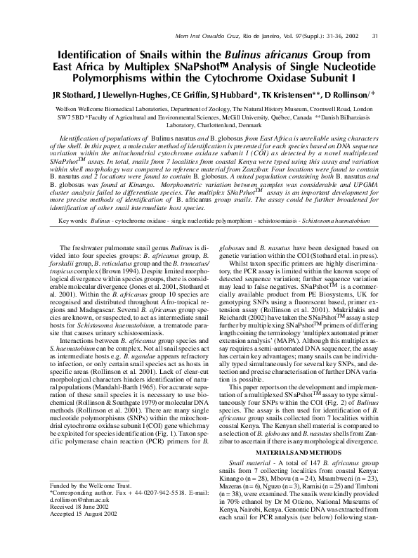 (PDF) Identification of snails within the Bulinus africanus group from ...