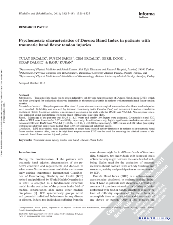 (PDF) Psychometric characteristics of Duruoz Hand Index in patients ...