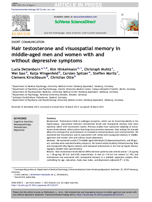 (PDF) Hair testosterone and visuospatial memory in middle-aged men and ...