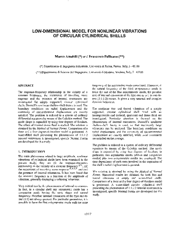 (PDF) Low-dimensional Model for Nonlinear Vibrations of Circular Cylindrical Shells, #93