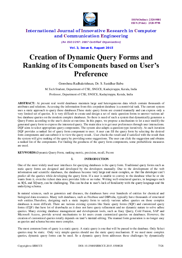Pdf Creation Of Dynamic Query Forms And Ranking Of Its Components Based On Users Performance