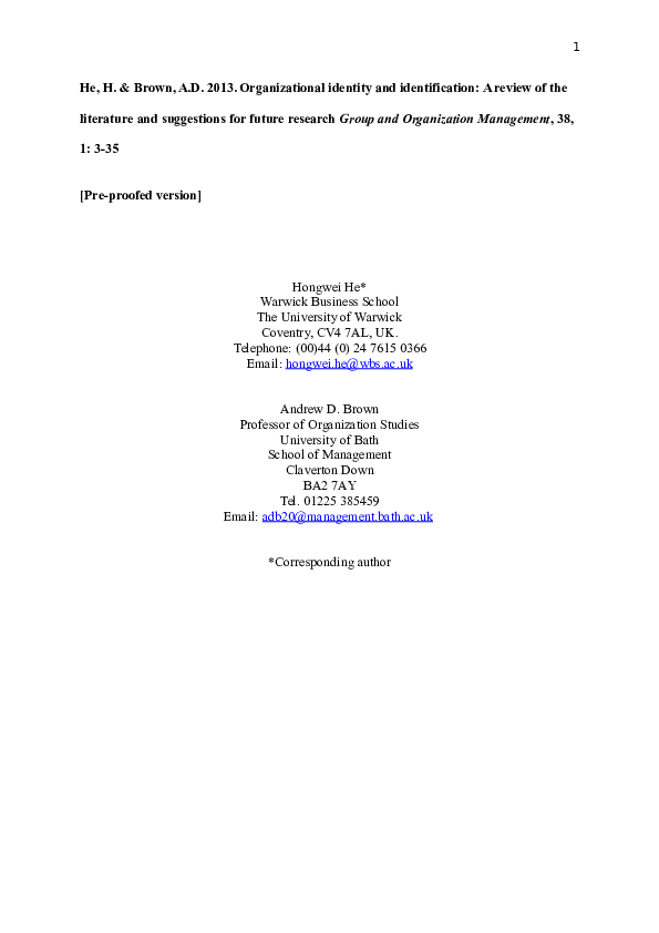 (DOC) Organizational Identity and Organizational Identification: A ...