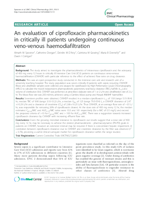 (PDF) An evaluation of ciprofloxacin pharmacokinetics in critically ill patients undergoing ...