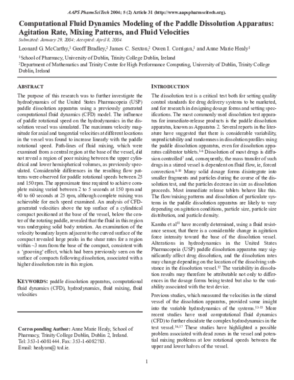 Pdf Computational Fluid Dynamics Modeling Of The Paddle Dissolution