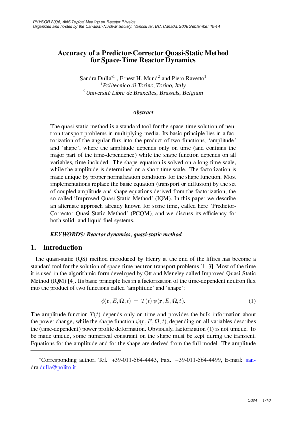 (PDF) Accuracy of a Predictor-Corrector Quasi-Static Method for Space-Time Reactor Dynamics ...