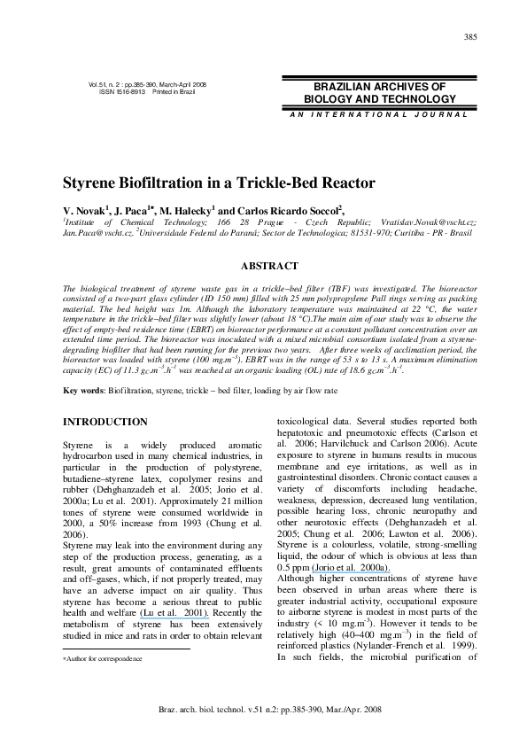 (PDF) Styrene biofiltration in a trickle-bed reactor