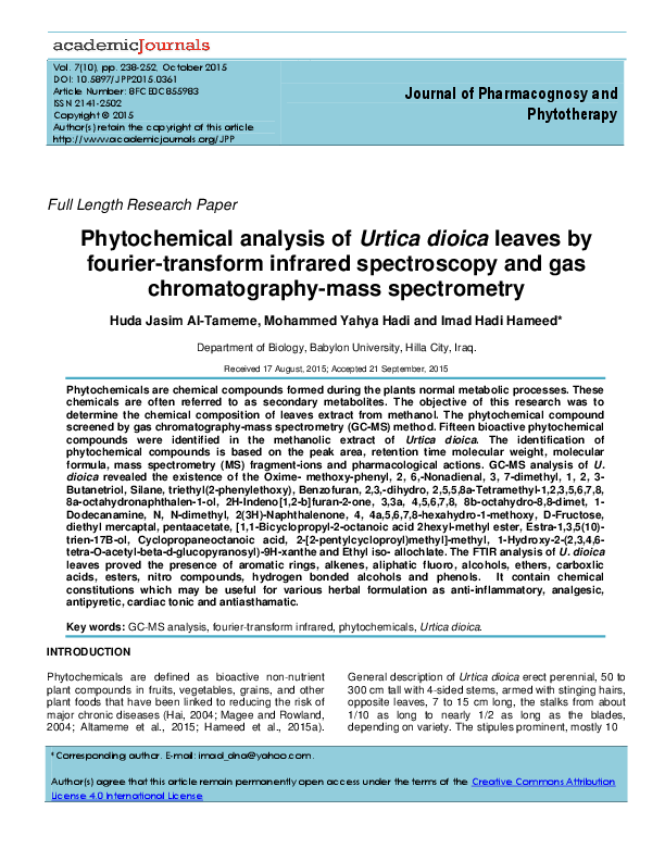 (PDF) Phytochemical analysis of Urtica dioica leaves by fourier-transform infrared spectroscopy ...