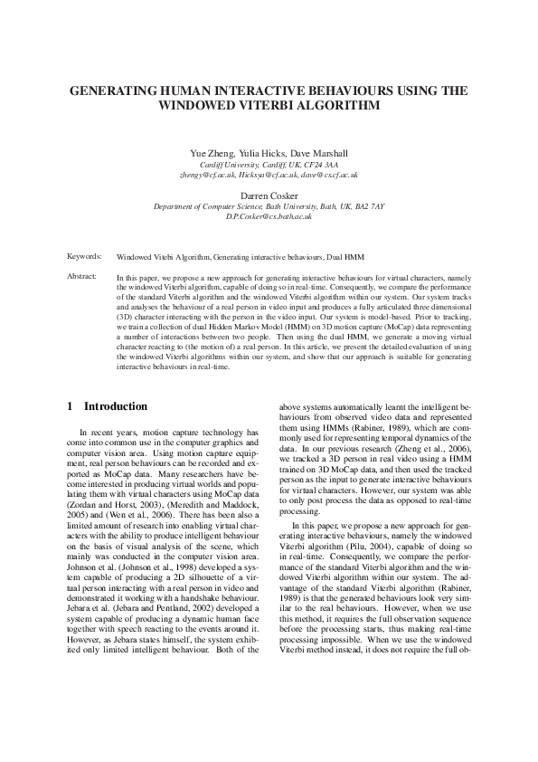 (PDF) Generating Human Interactive Behaviours Using the Windowed Viterbi Algorithm