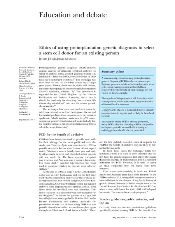 (PDF) Ethics of using preimplantation genetic diagnosis to select a ...