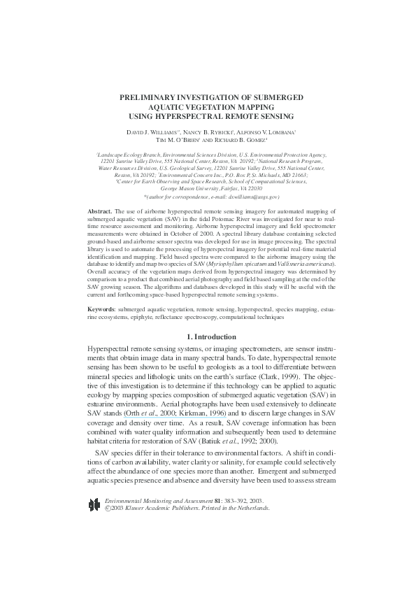 (PDF) Preliminary Investigation of Submerged Aquatic Vegetation Mapping ...