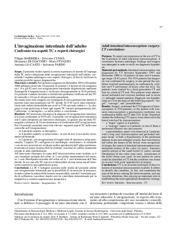 (PDF) Adult intestinal intussusception: surgery- CT correlations