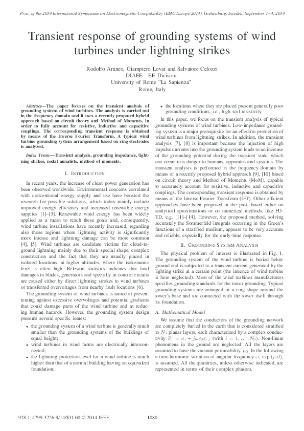 (PDF) Transient response of grounding systems of wind turbines under lightning strikes