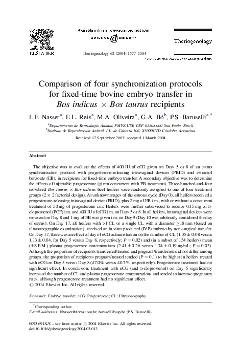 (PDF) Comparison of four synchronization protocols for fixed-time bovine embryo transfer in Bos ...