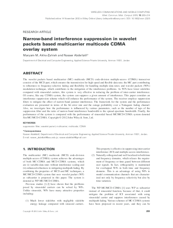 Pdf Narrow Band Interference Suppression In Wavelet Packets Based