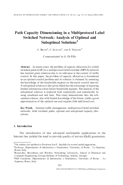 (PDF) Path Capacity Dimensioning in a Multiprotocol Label Switched Network: Analysis of Optimal ...