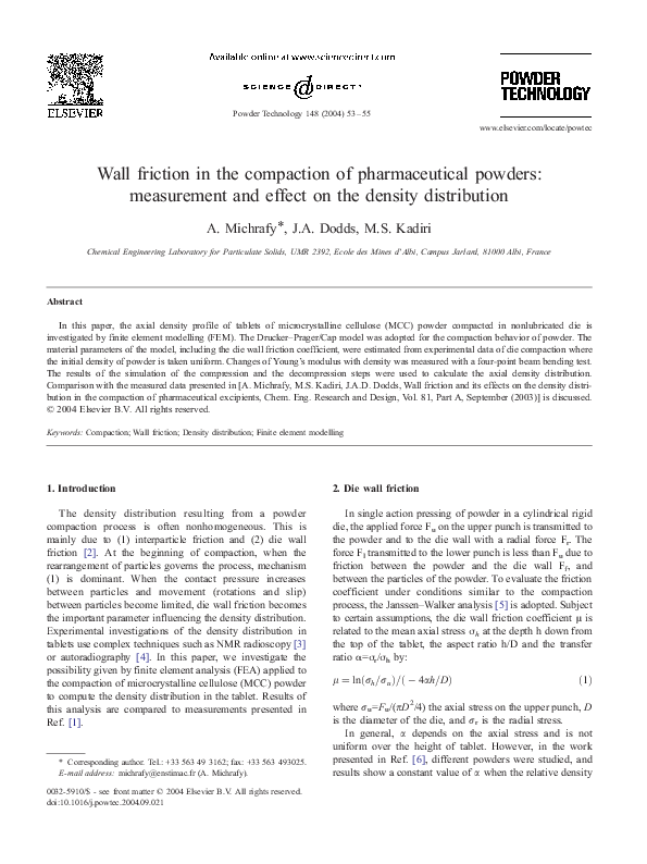 (PDF) Wall friction in the compaction of pharmaceutical powders ...