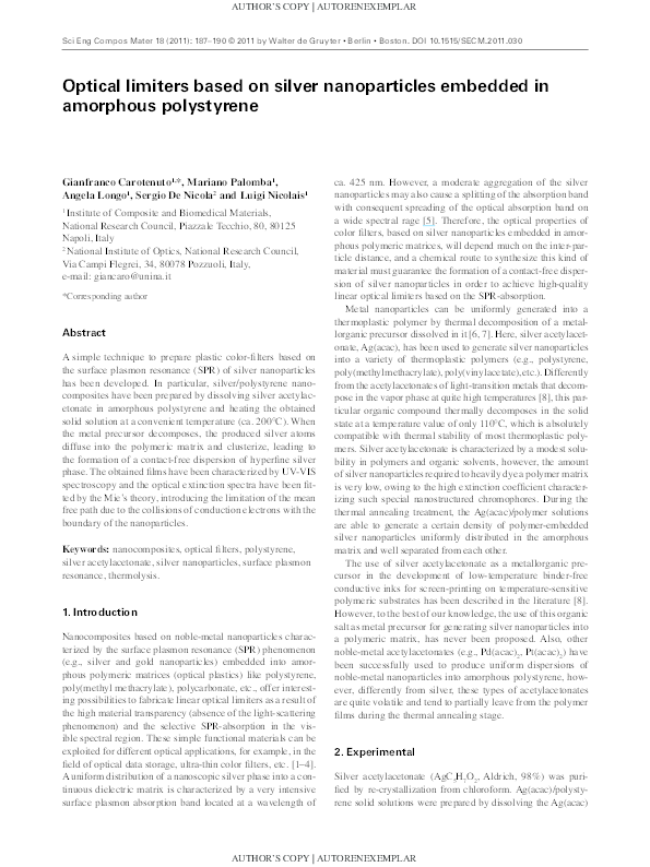 (PDF) Optical limiters based on silver nanoparticles embedded in ...
