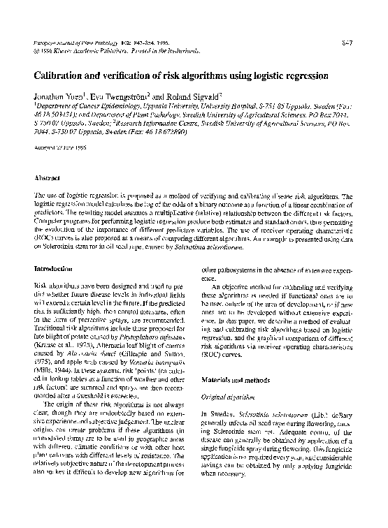 Pdf Calibration And Verification Of Risk Algorithms Using Logistic Regression