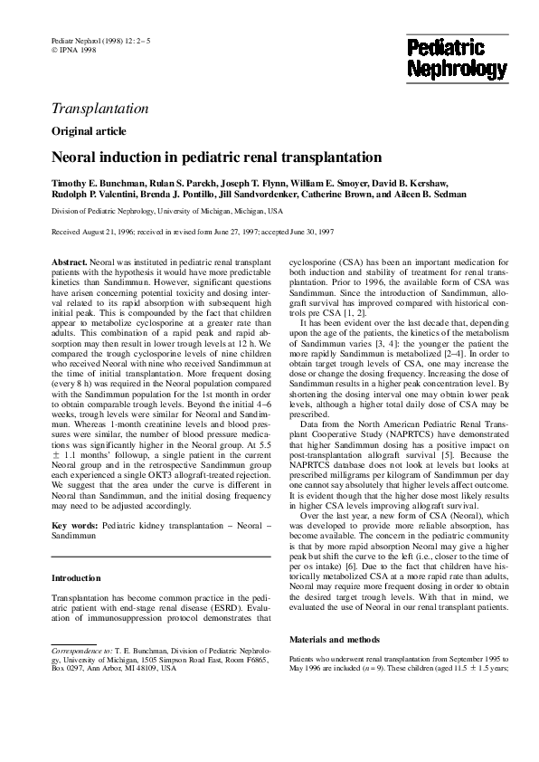(PDF) Neoral induction in pediatric renal transplantation
