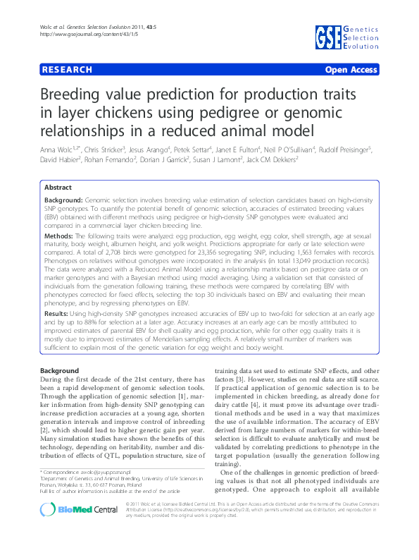 (PDF) Breeding value prediction for production traits in layer chickens ...