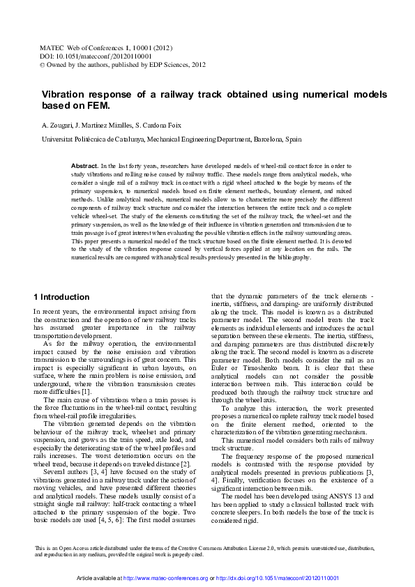 Pdf Vibration Response Of A Railway Track Obtained Using Numerical Models Based On Fem