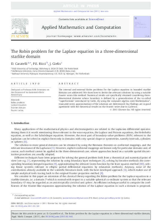 Pdf The Robin Problem For The Laplace Equation In A Three Dimensional Starlike Domain