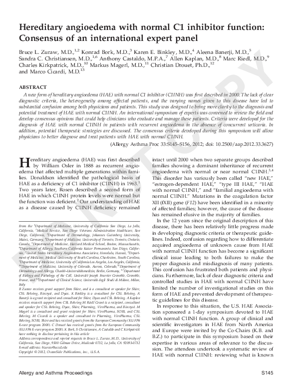 (PDF) Hereditary angioedema with normal C1 inhibitor function ...