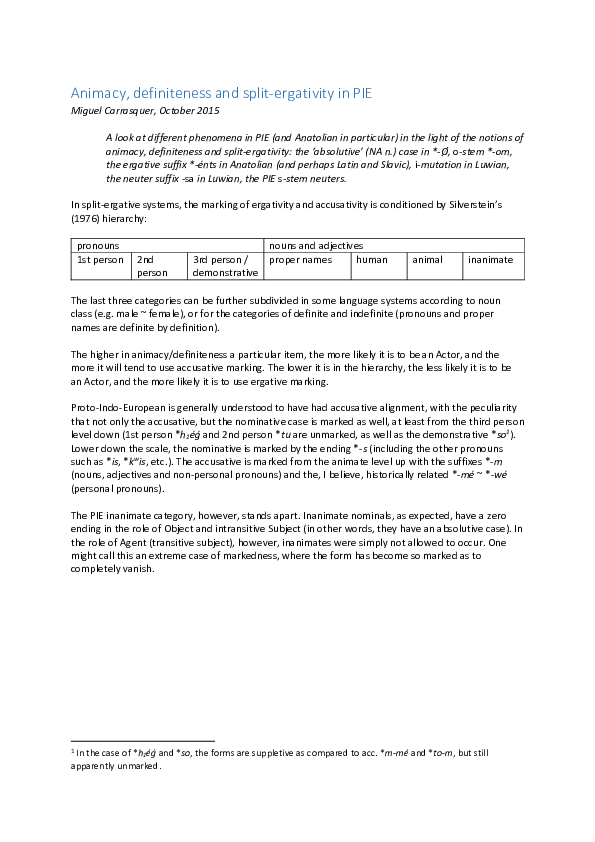 (PDF) Animacy, definiteness and split-ergativity in PIE
