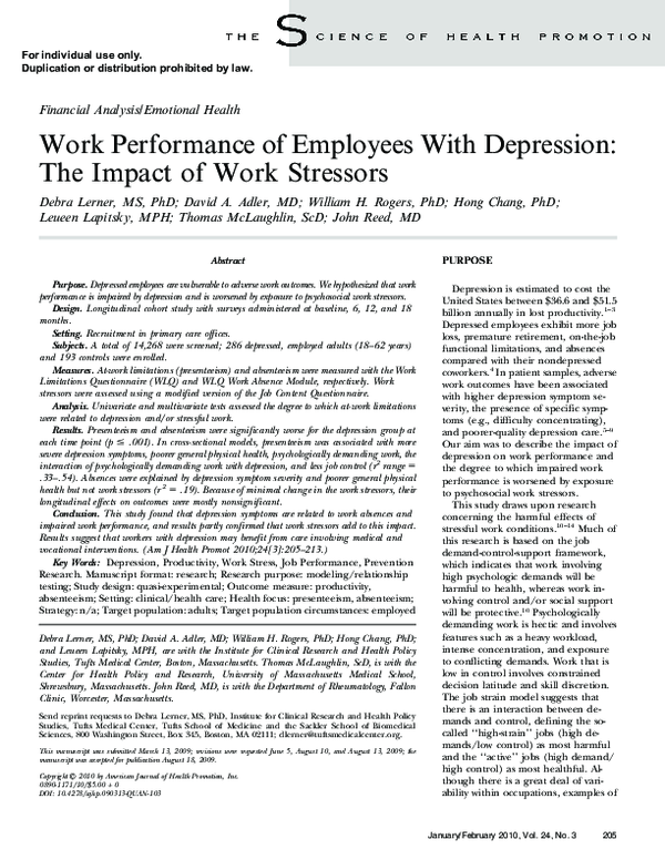(PDF) Work Performance of Employees With Depression: The Impact of Work ...