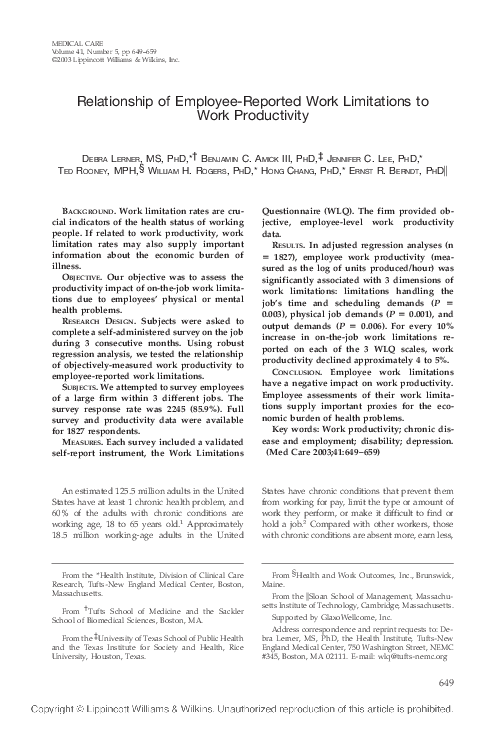 (PDF) Relationship of Employee-Reported Work Limitations to Work ...