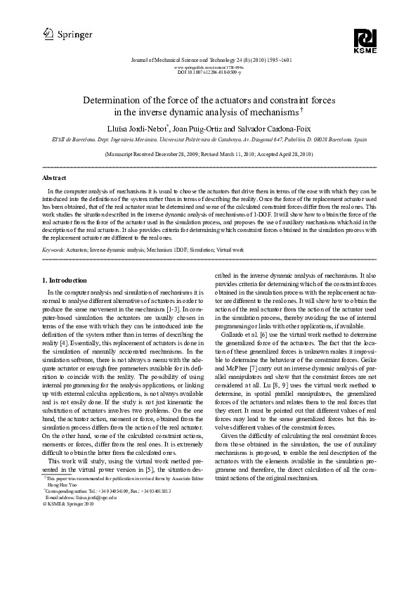 (PDF) Determination of the force of the actuators and constraint forces in the inverse dynamic ...