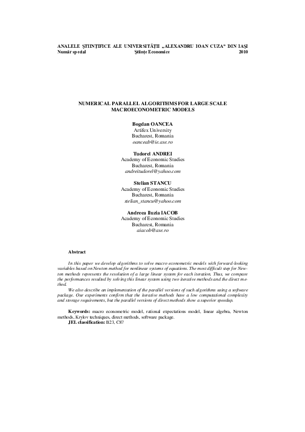 (PDF) Numerical Parallel Algorithms For Large Scale Macroeconometric Models