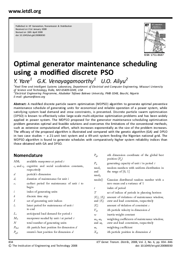 Pdf Optimal Generator Maintenance Scheduling Using A Modified