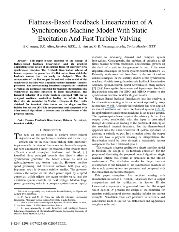 (PDF) Flatness-Based Feedback Linearization of A Synchronous Machine Model With Static ...