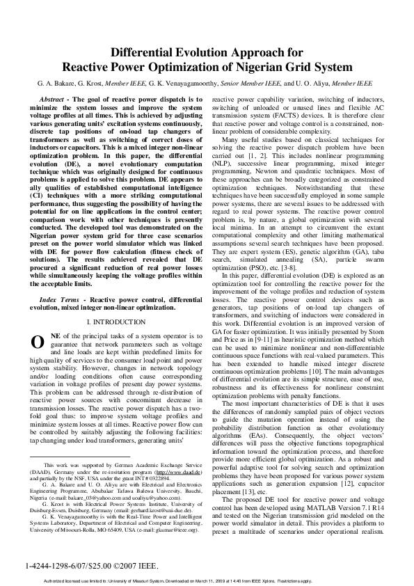 (PDF) Differential Evolution Approach for Reactive Power Optimization of Nigerian Grid System