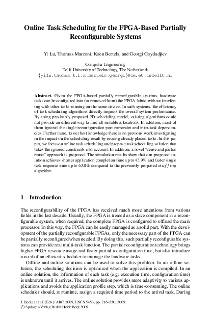 Pdf Online Task Scheduling For The Fpga Based Partially Reconfigurable Systems Thomas