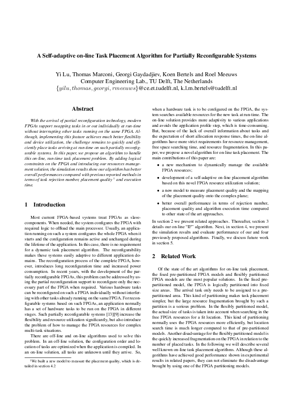 A Self Adaptive On Line Task Placement Algorithm For Partially Reconfigurable Systems 