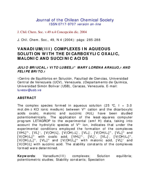 (PDF) VANADIUM(III) COMPLEXES IN AQUEOUS SOLUTION WITH THE DICARBOXYLIC ...