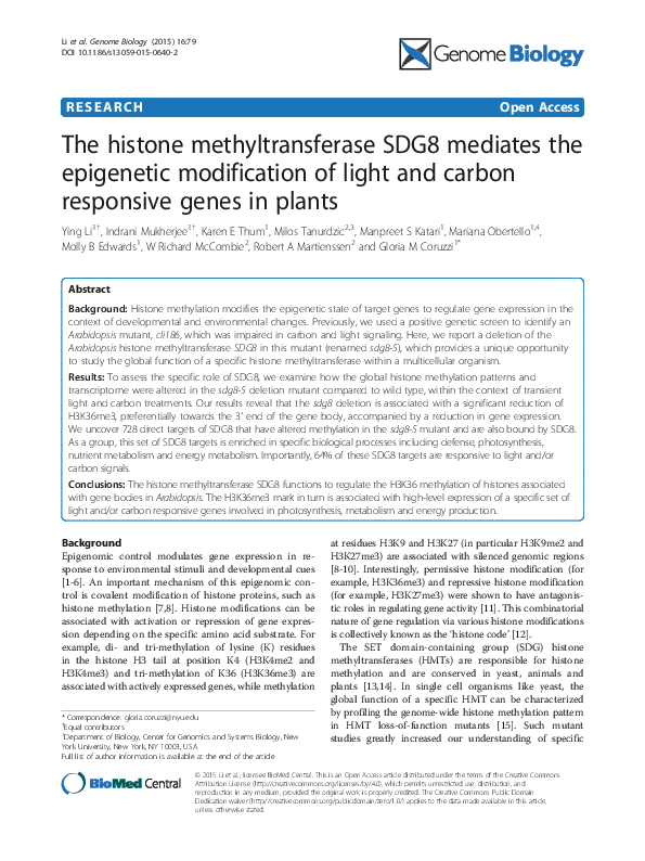 (PDF) The histone methyltransferase SDG8 mediates the epigenetic ...