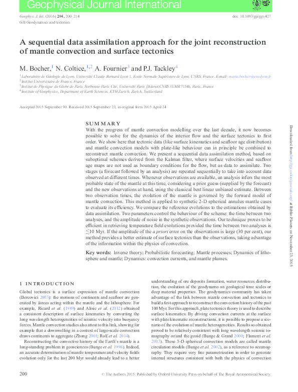 Pdf A Sequential Data Assimilation Approach For The Joint Reconstruction Of Mantle Convection