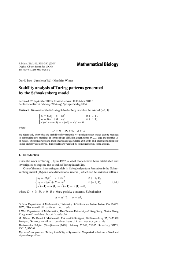 (PDF) Stability analysis of Turing patterns generated by the Schnakenberg model