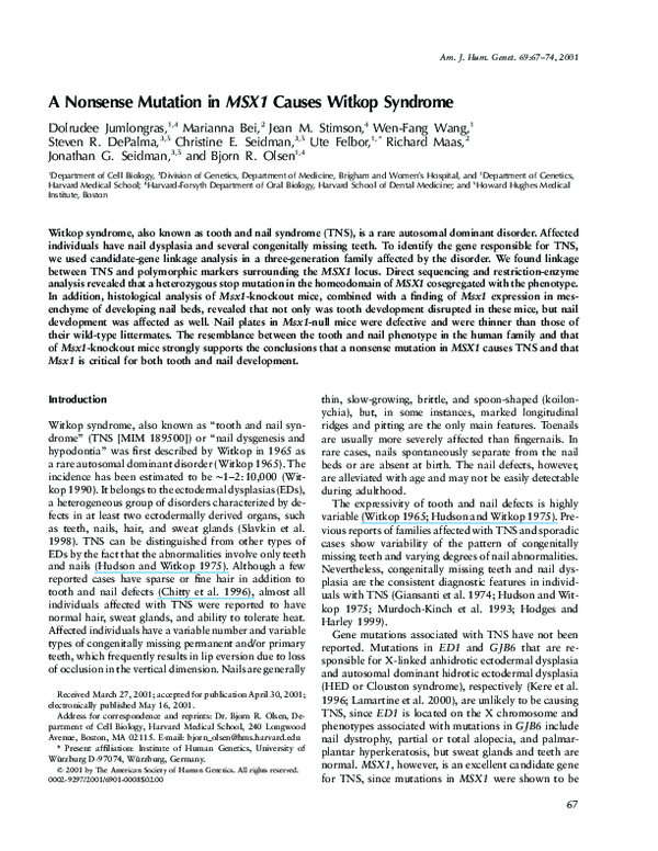 (PDF) A Nonsense Mutation in MSX1 Causes Witkop Syndrome