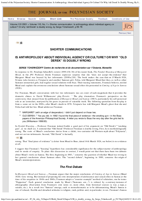 (PDF) 2001-Mead / Freeman debate - overview and the missing male informant