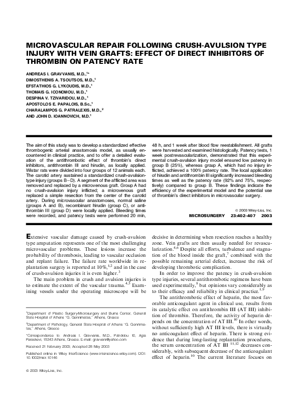 (PDF) Microvascular repair following crush-avulsion type injury with ...