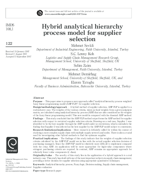 Pdf Hybrid Analytical Hierarchy Process Model For Supplier Selection