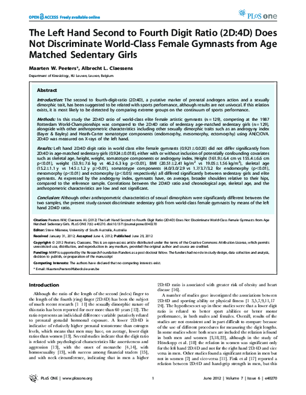 (PDF) The Left Hand Second to Fourth Digit Ratio (2D:4D) Does Not ...