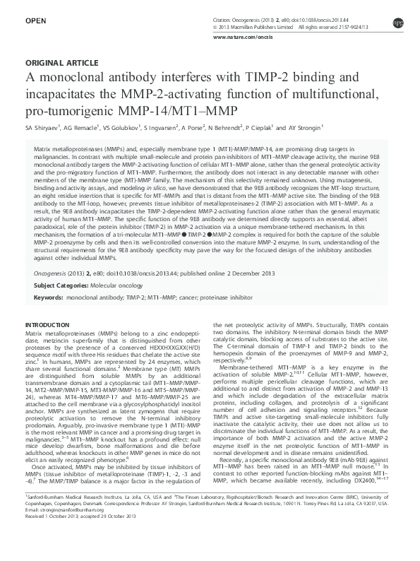 (PDF) A monoclonal antibody interferes with TIMP-2 binding and ...