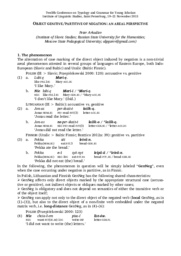 (PDF) Object genitive/partitive of negation: an areal perspective